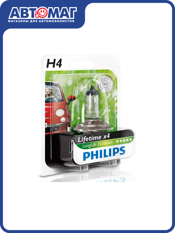 Лампа H4 12V 60/55W P43t LongLife EcoVision PHILIPS блистер (1 шт.), PHILIPS-12342LLECOB1