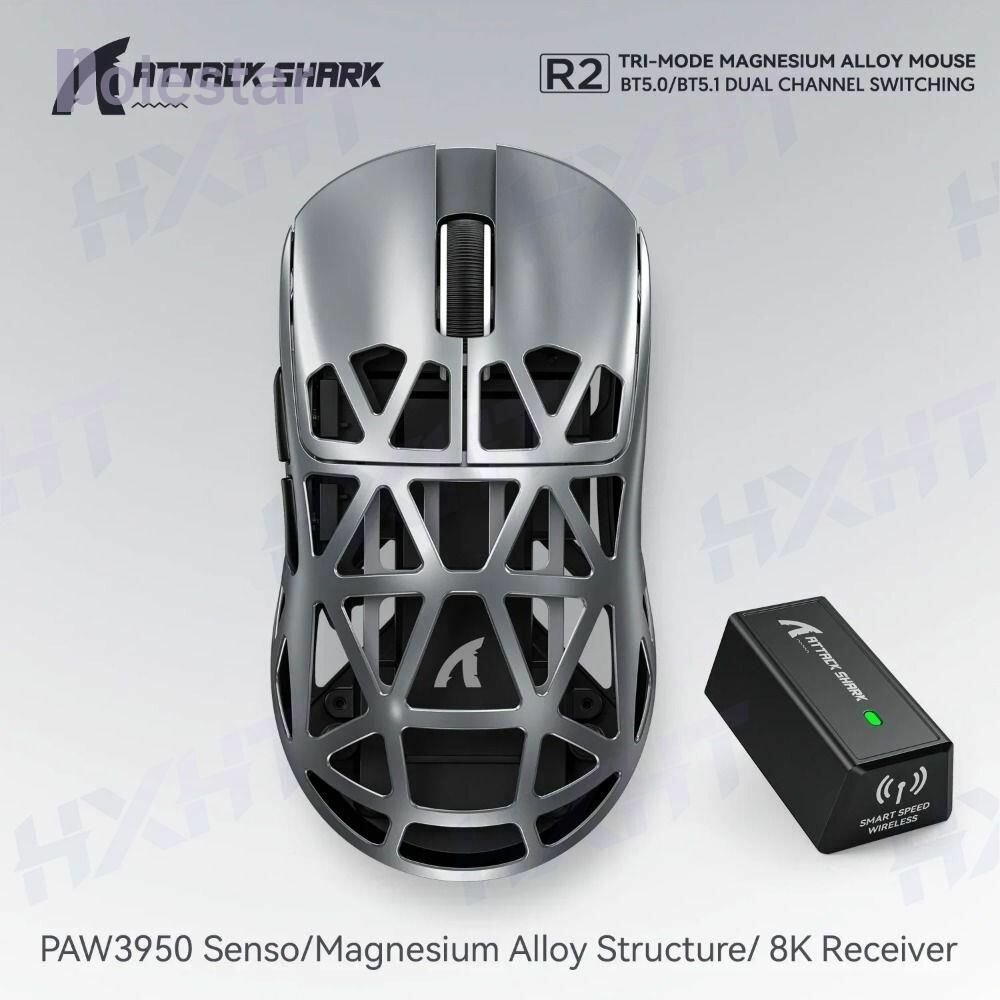 Attack Shark R2 Мышь Беспроводная Игровая, Сенсор PAW3950, 8K Hz, Ультралегкий Магниевый Корпус, Три Режима Подключения (Bluetooth, 2.4G, Проводной)