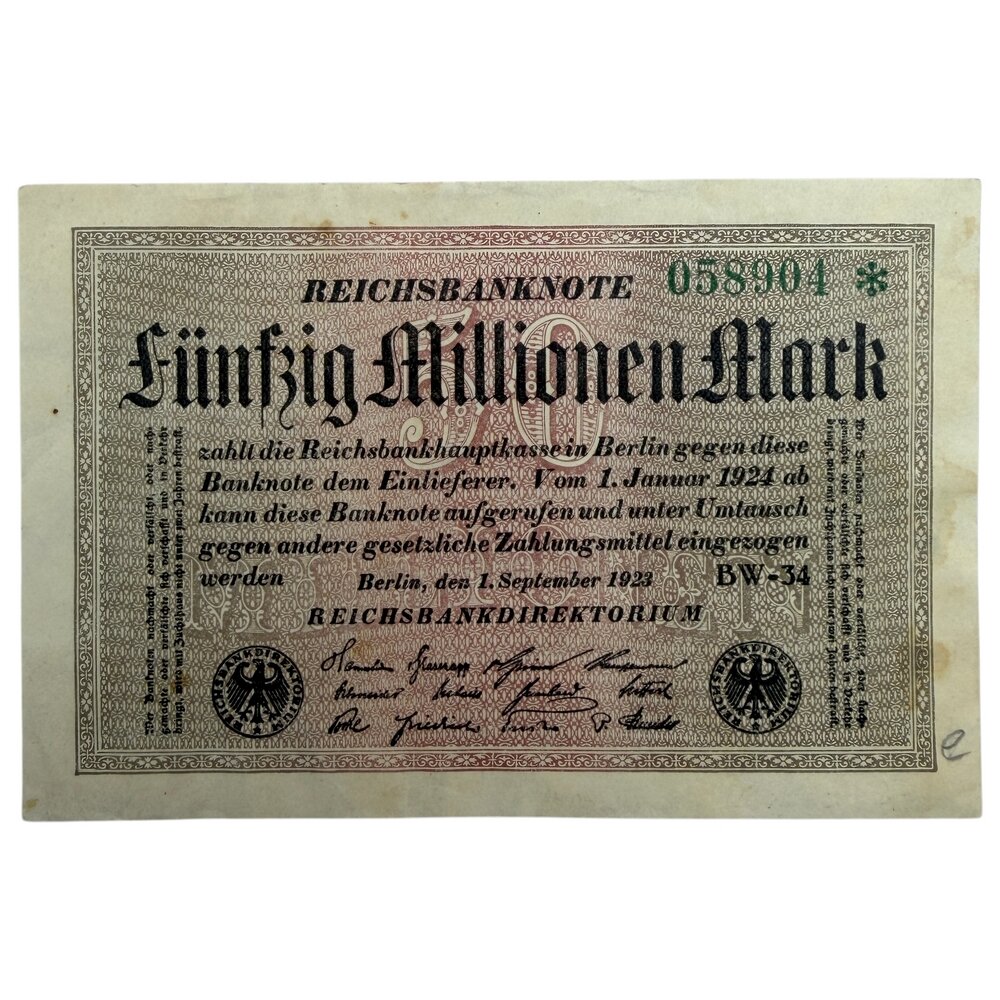 Веймарская республика 50000000 (50 миллионов) марок 1923 г. (01.09) (ВЗ - Звёзды G&D) (Серия BW-34)
