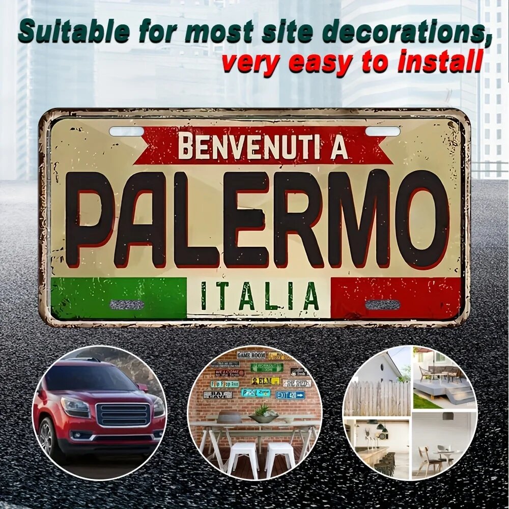 Винтажная Алюминиевая Настенная Табличка «BENVENUTI A PALERMO ITALIA» В Деревенском Стиле С Цветами Итальянского Флага
