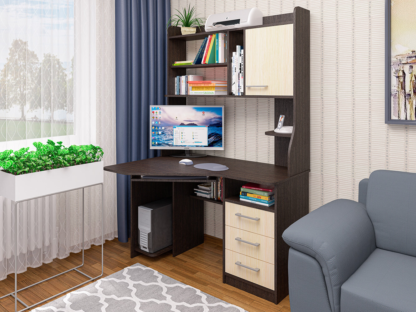 Стол компьютерный МК"Пирамида" СК-25 с надстройкой и 3 ящика, цвет венге/молоко, 186х120х89 см