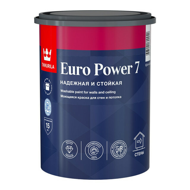 Краска акриловая TIKKURILA Euro Power 7 для стен и потолков база С 0,9л бесцветная, арт.700001122