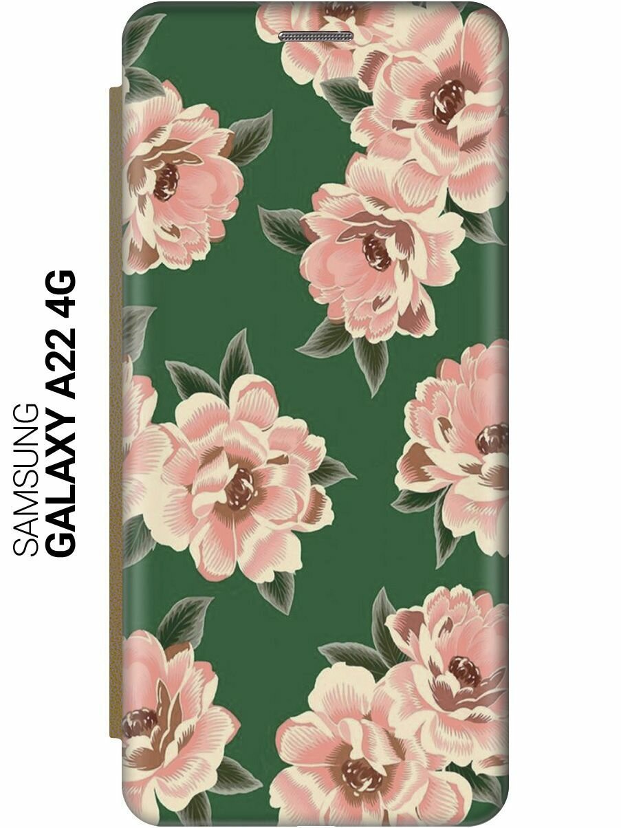 Чехол-книжка на Samsung Galaxy A22, M32, M22, Самсунг А22, М32, М22 c принтом "Винтажные цвета" золотистый