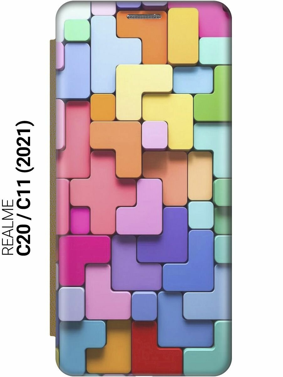 Чехол-книжка на realme C20, C11 (2021), Рилми С20, С11 (2021) с 3D принтом "Паттерн из блоков" золотой