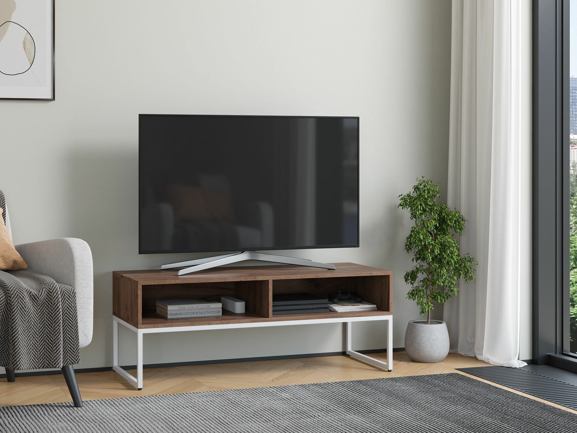 Тумба ТВ Айсберг Лофт 120 открытая Белый/дуб крафт табак