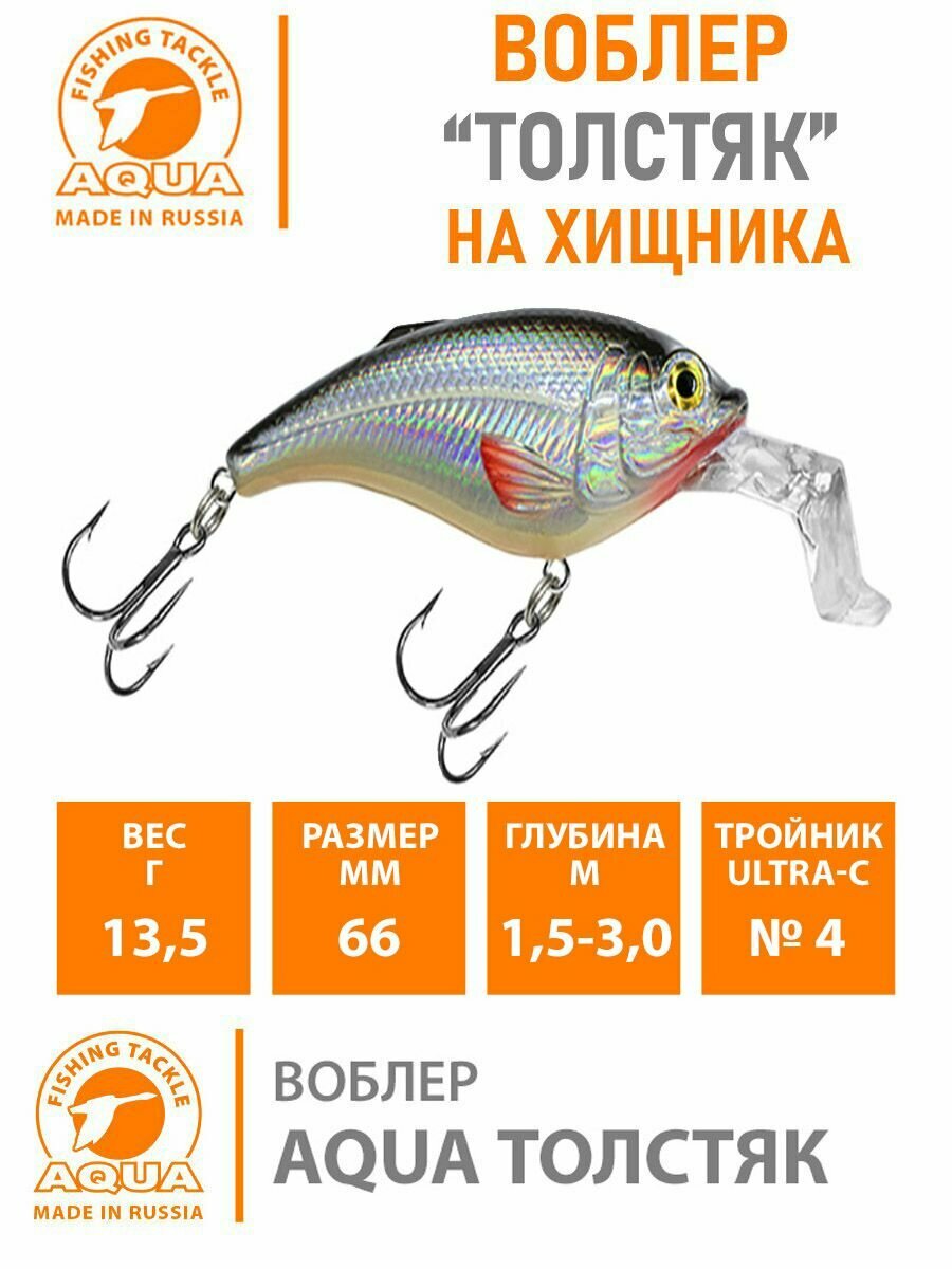 Воблер для рыбалки AQUA толстяк SR 66mm, цвет 023 (классика, плотва), 1 штука