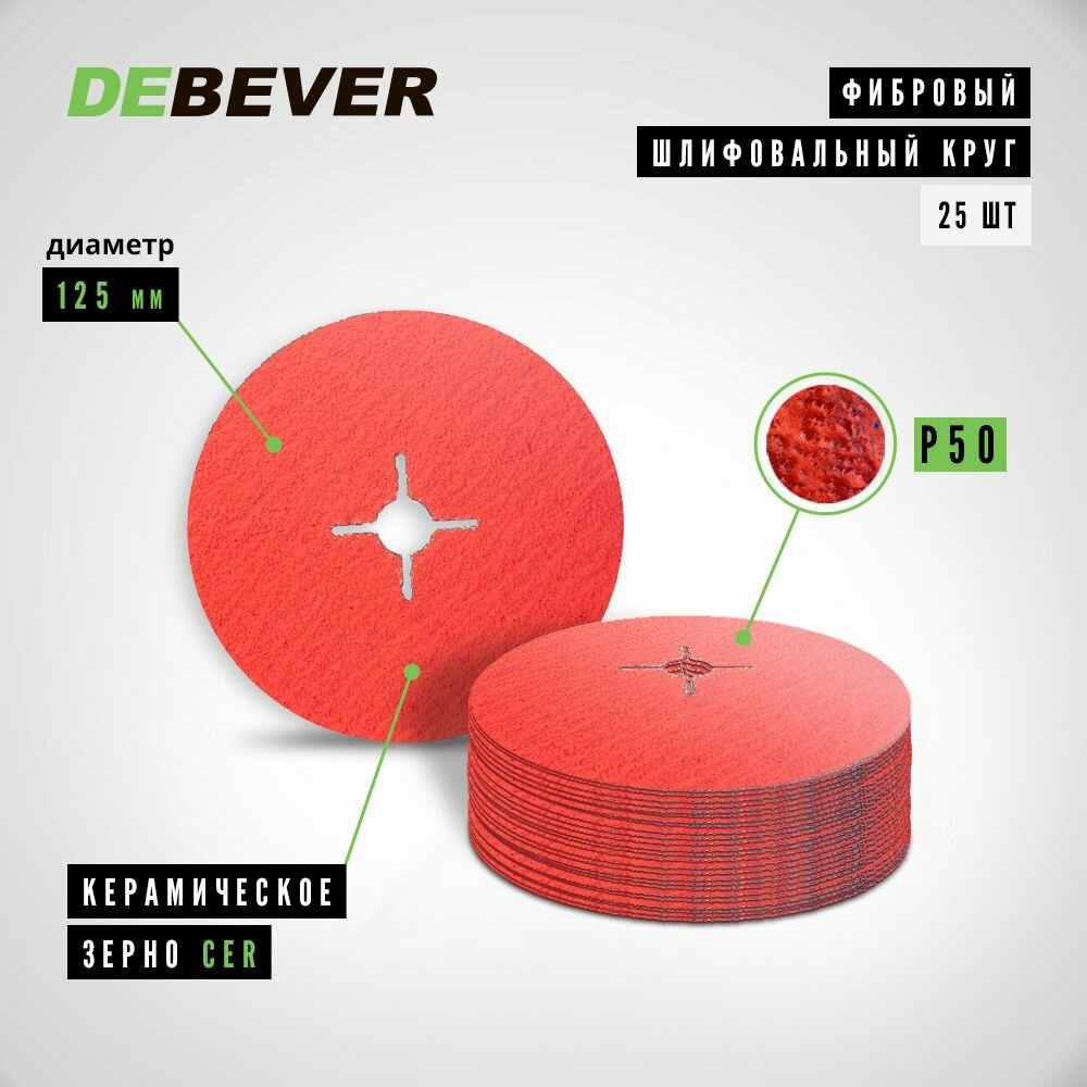 Фибровый шлифовальный круг DEBEVER d125 мм P50 со шлицами, по металлу, керамическое зерно, 25 шт