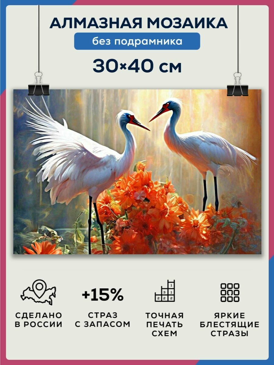 Алмазная мозаика 30x40 Белые, журавли без подрамника