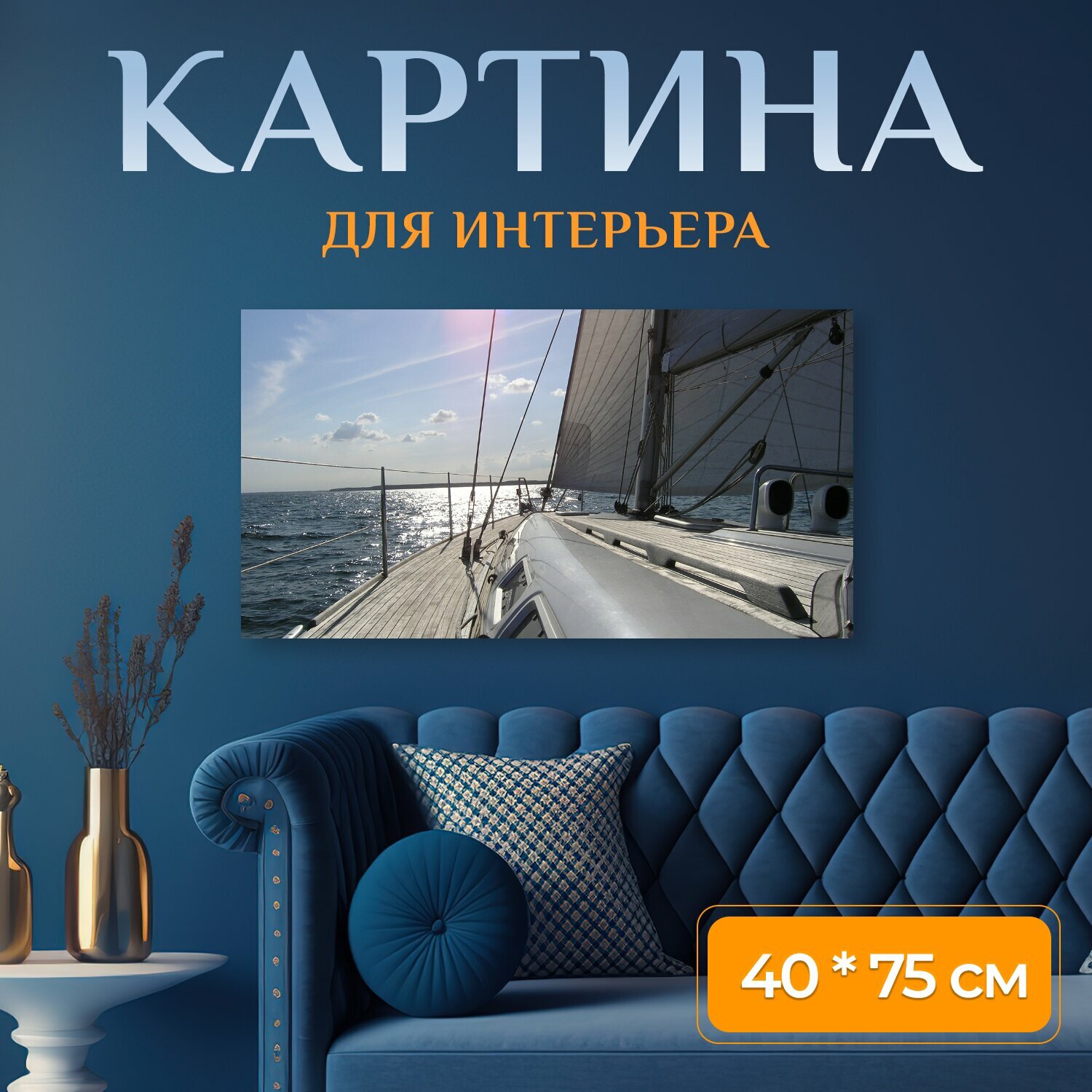 Картина на холсте "Парусная яхта, солнце, море" на подрамнике 75х40 см. для интерьера