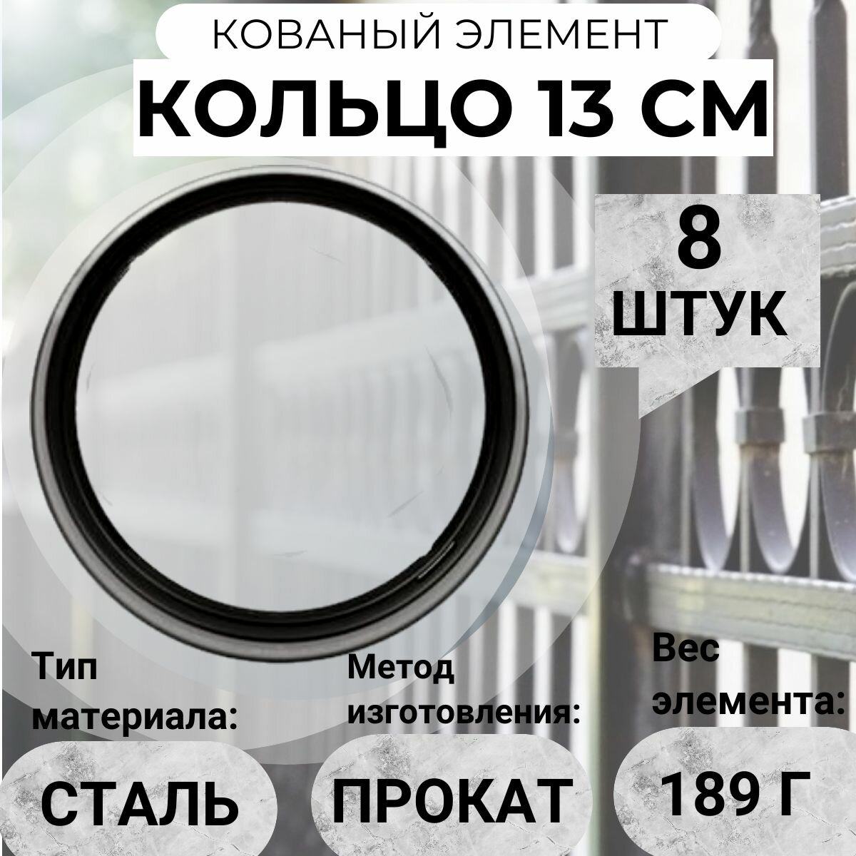 Кованый элемент "Кольцо 13х13 см" Комплект 8 шт. Сталь. Узор декоративный для заборов, ворот, калитки