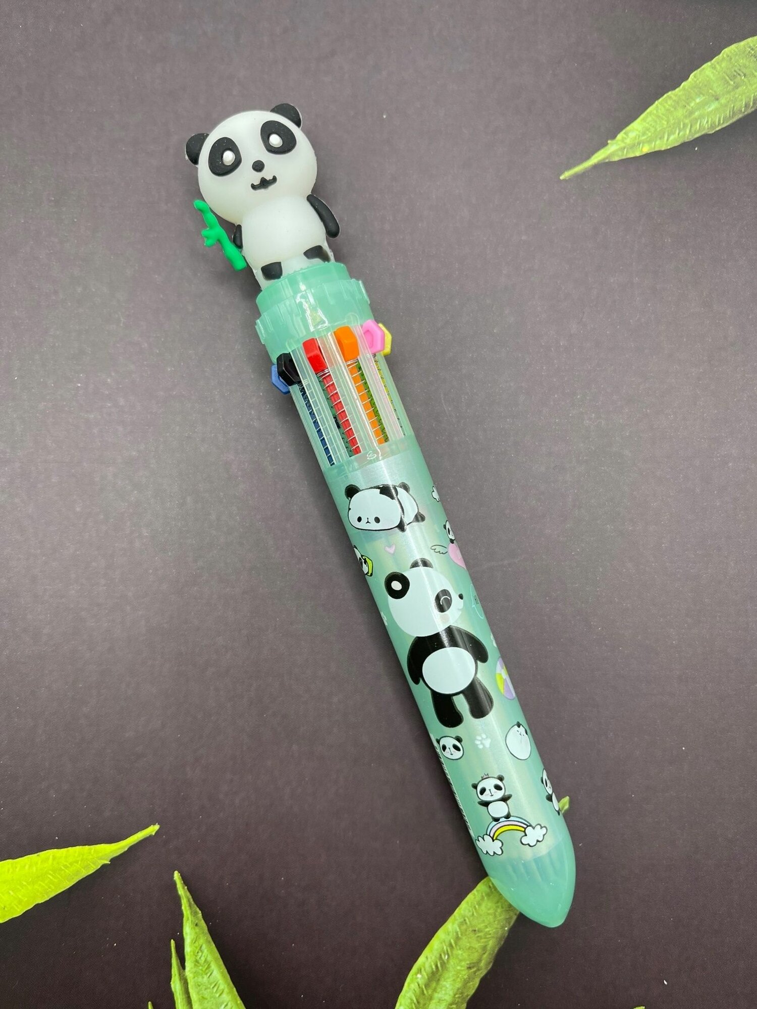 Ручка шариковая "Панда зеленая" автоматическая , многоцветная 10 цветов.