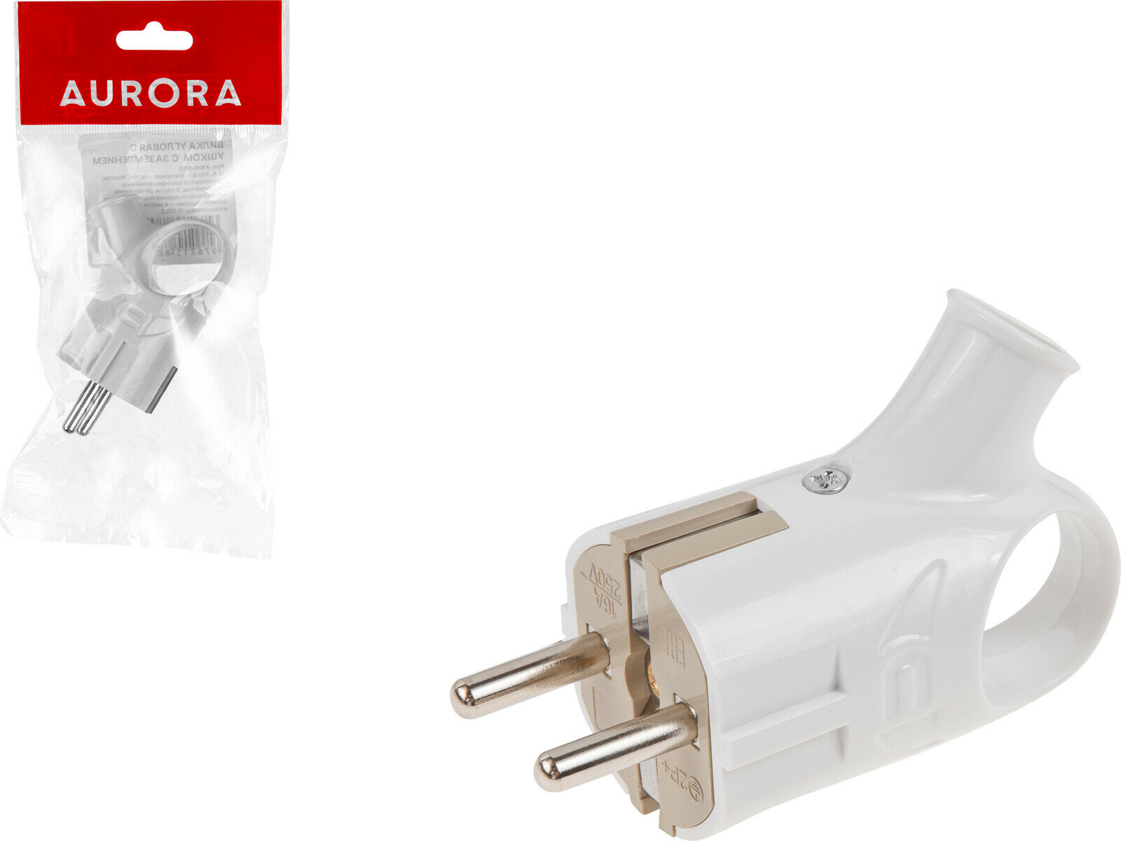 Вилка электрическая угловая с ушком с заземлением 16А 250В AURORA STARTUL белая (A100-006)