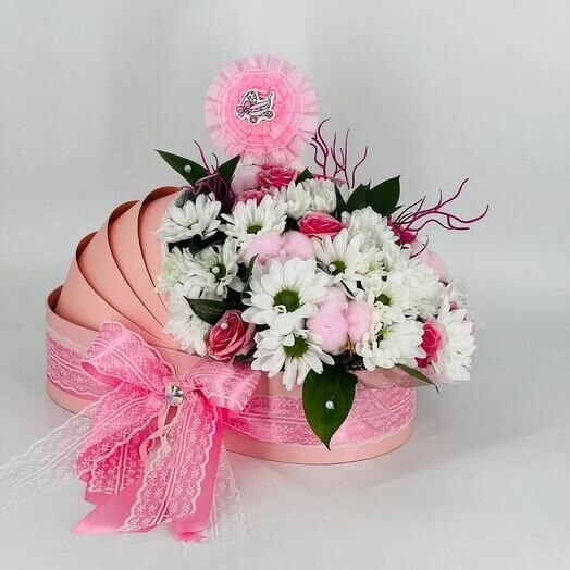 Букет цветов на выписку дочки из роддома, цветы в коляске люльке