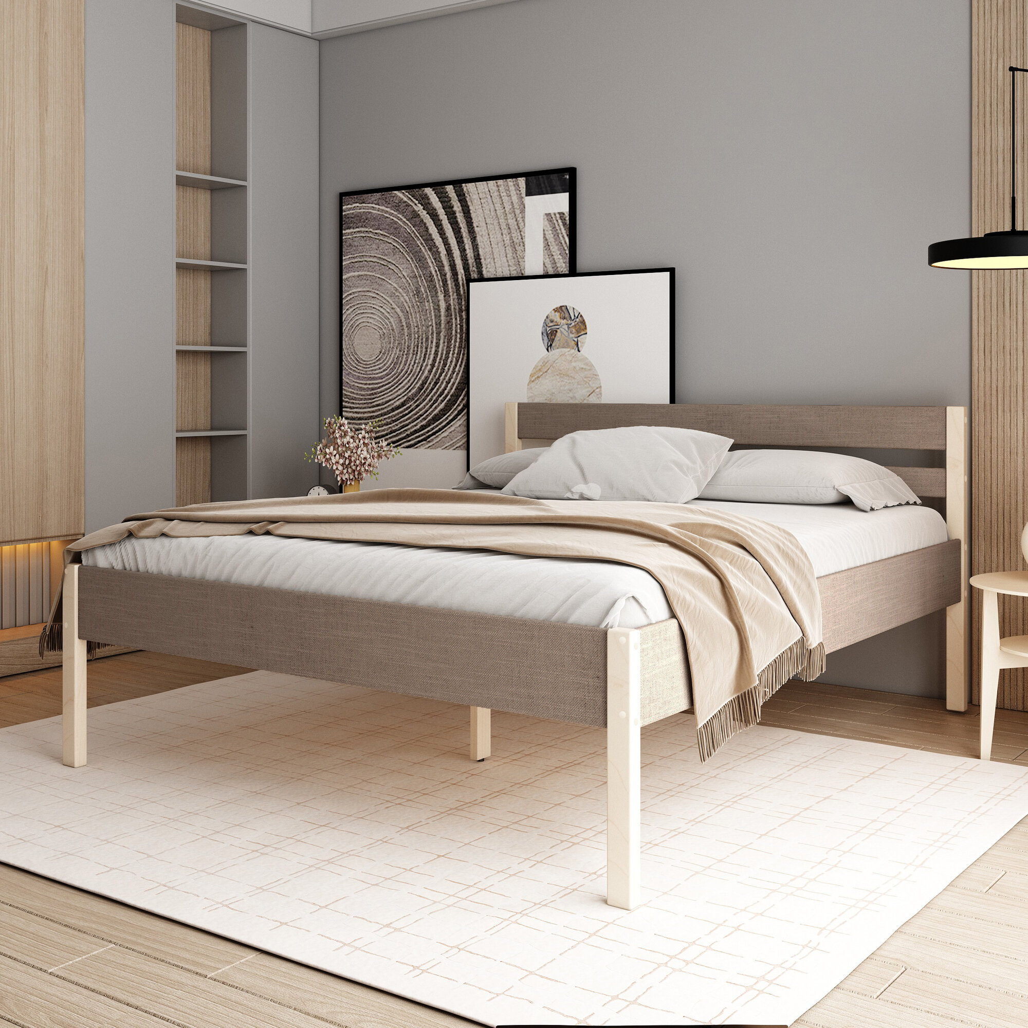 Кровать двуспальная, 160х190 см, Hansales, деревянная, высокая, из массива березы, ткань коричневая