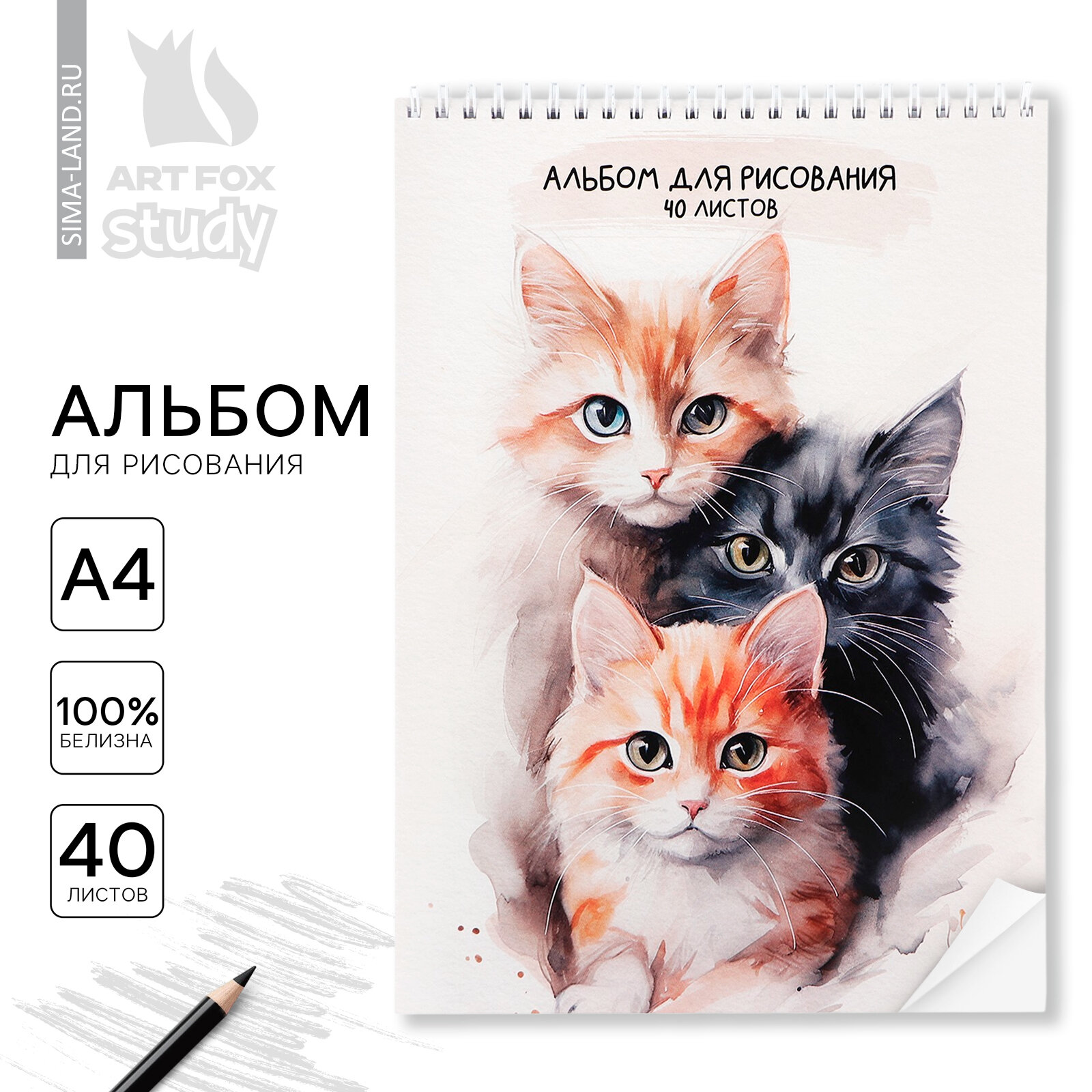 Альбом для рисования 40 листов на пружине А4 "Три котика", школьный