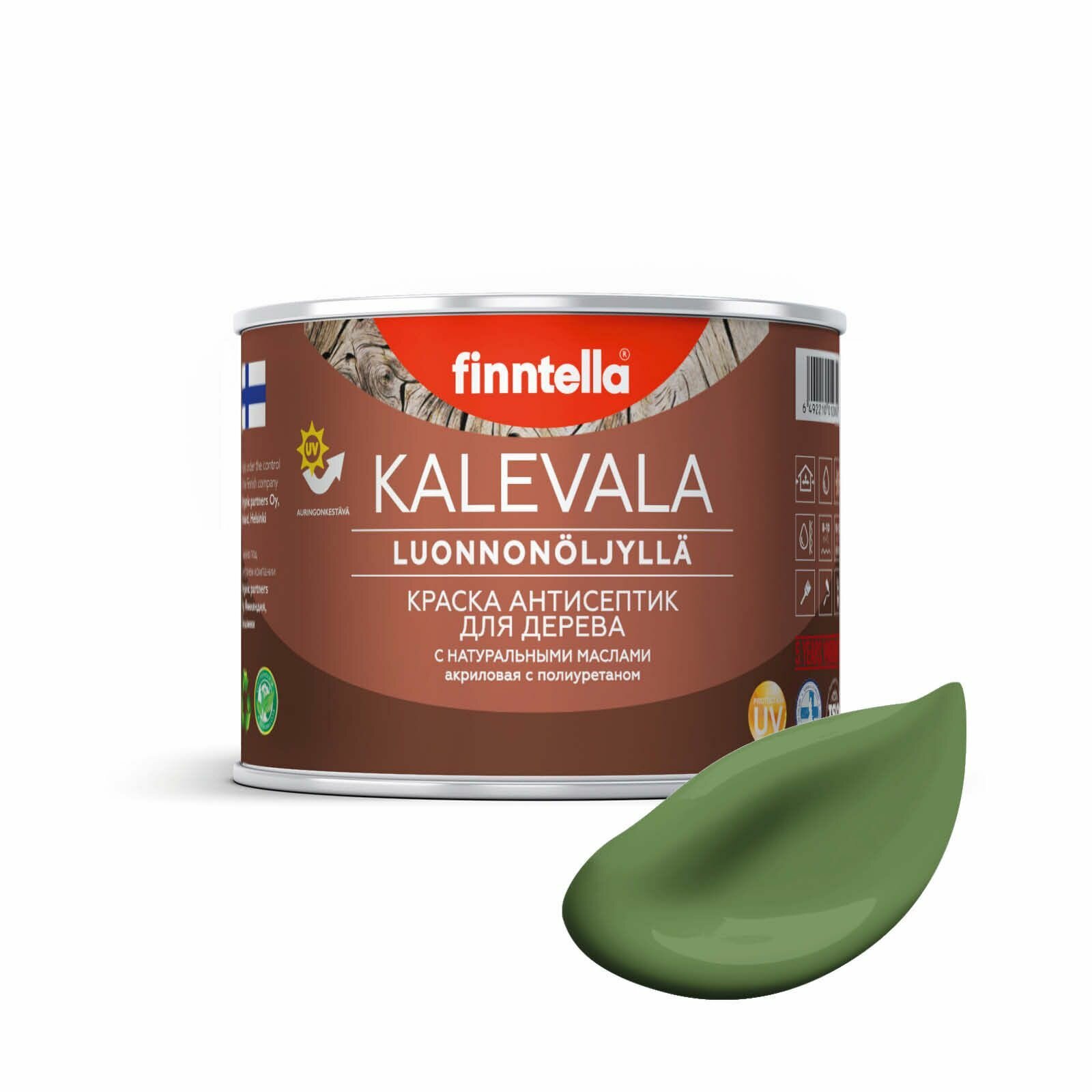 Краска для дерева и деревянных фасадов FINNTELLA KALEVALA, с натуральным маслом и полиуретаном, цвет VIHREA (зеленый) , 0,45л