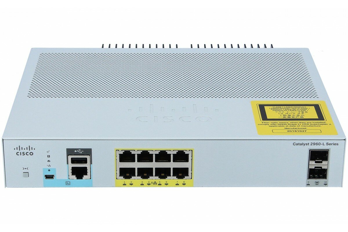 Коммутатор CISCO WS-C2960L-8PS-LL 8 port 10/100/1000 Ethernet PoE+ 67W ports, 2 x 1G SFP, Fanless