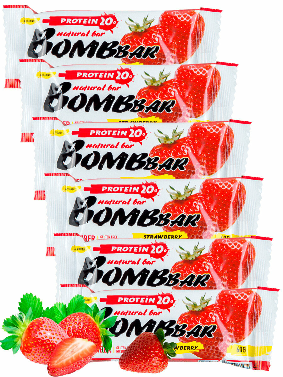 Протеиновый батончик BombBar Protein Bar 6 x 60 г, Клубника