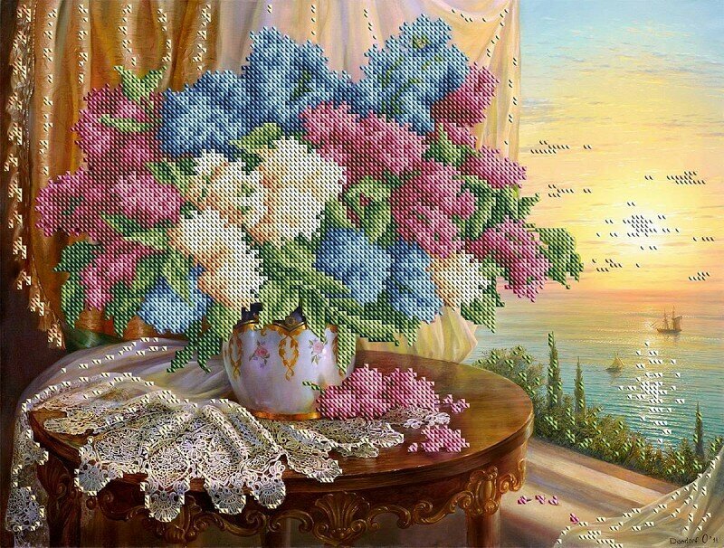 Ткань с рисунком для вышивания бисером Каролинка #ТКБЦ 3069 Букет, Вышивка бисером, 36 х 27 см (Бисер в комплект не входит.)