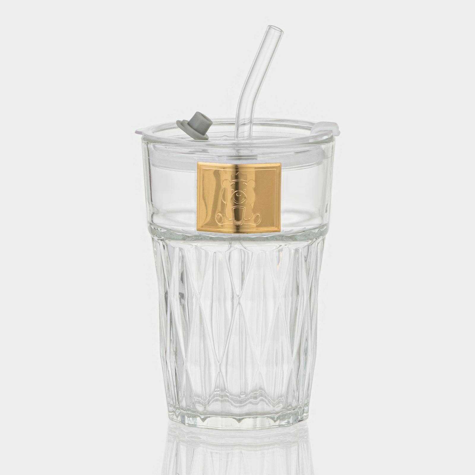 Стакан стеклянный с крышкой и трубочкой «Крона», 400 мл, цвет прозрачный