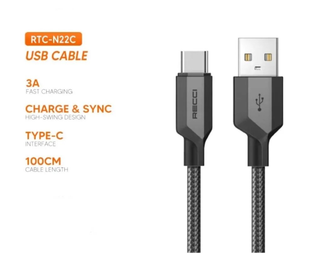 Кабель для зарядки и передачи данных Recci Giant Fast Charging, USB to Type-C, 3А, 1 метр, Черный
