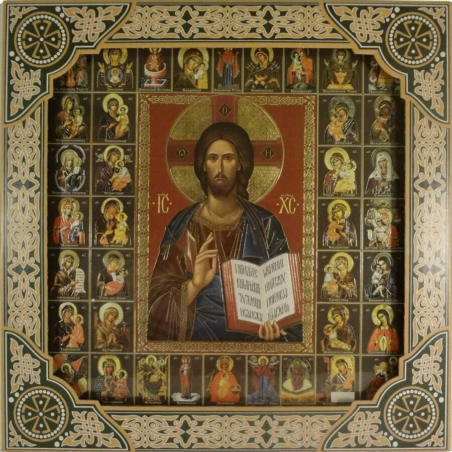 Икона Господь Вседержитель и Собор Богородицы в рамке под стеклом