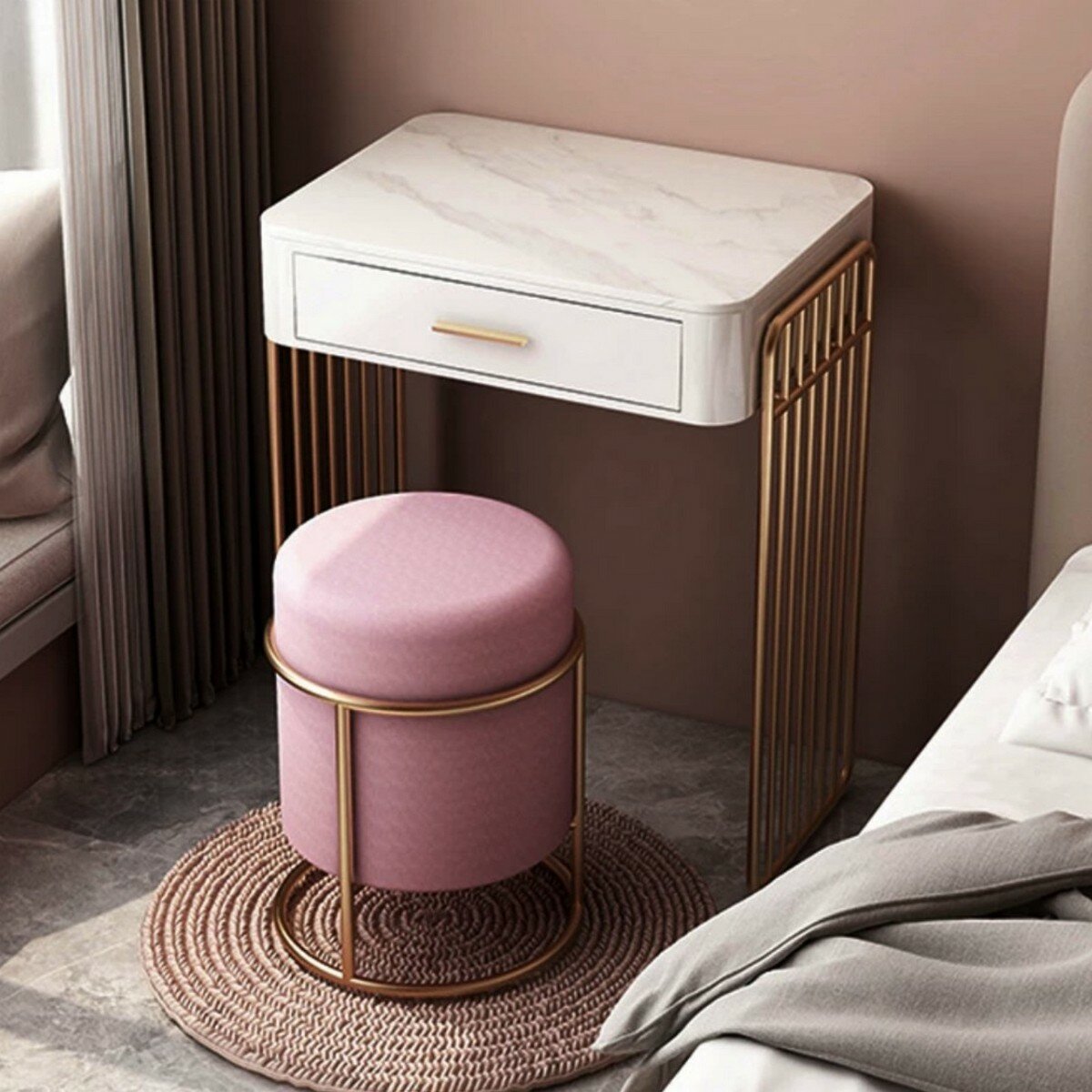 Туалетный столик Orly (Стол 65см / столешница керамическая + розовый пуф, без зеркала)