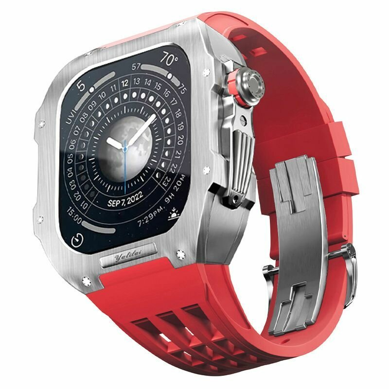 Для комплекта модификации Richard RM для Apple Watch 44/45 мм, серия 9 8 7 SE 6 5 4, серебристый корпус из нержавеющей стали 316L, ремешок премиум-класса с пряжкой-бабочкой из фторкаучука, красный