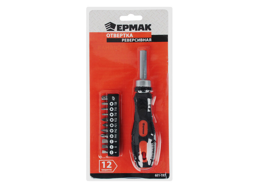 Отвертка реверсивная "ермак", адаптер 1/4, 10 бит, 12 предметов