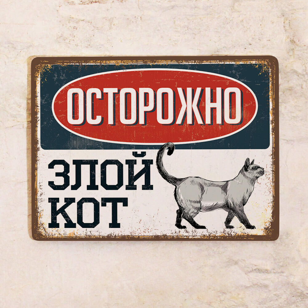 Жестяная табличка Злой кот - Сиамский, металл, 30Х40 см