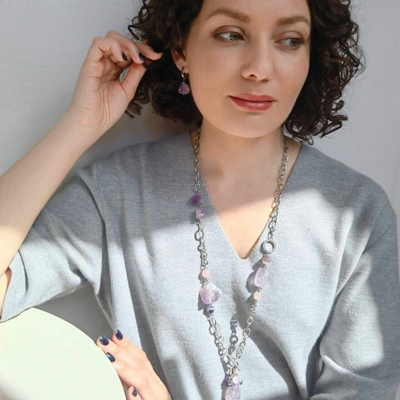 Комплект бижутерии: колье, серьги, аметист