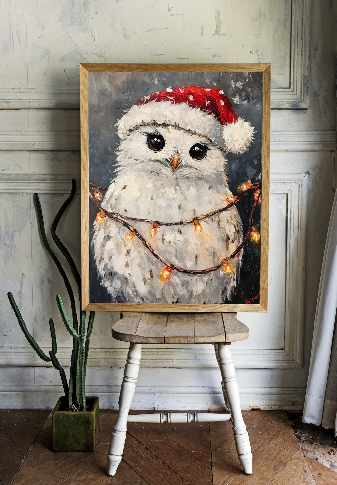 Постер "Сова в новогодней шапке" 50x70 в раме