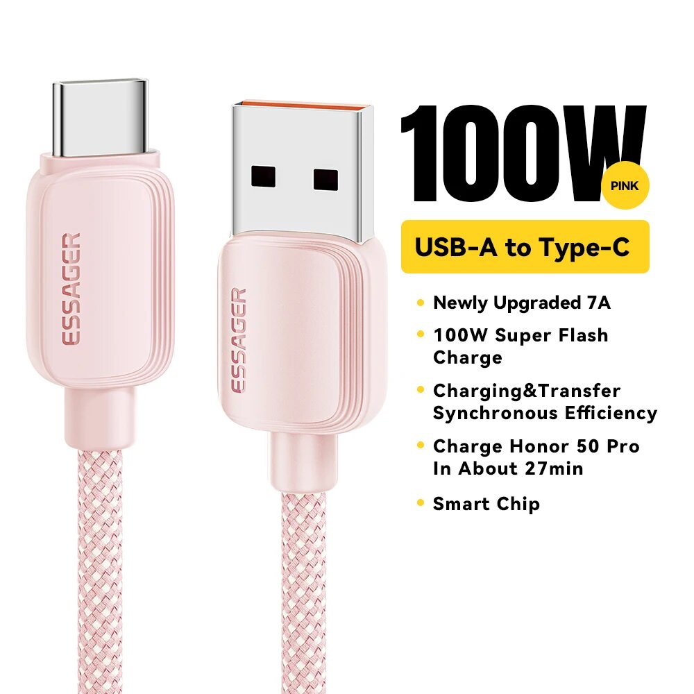 Кабель зарядный Essager 7A USB Type-C, 100/88 Вт, 3 м 2 м, Pink 7A 100W A To C