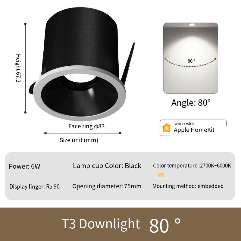 Aqara Smart Spotlight Downlight T3 Zigbee Dimming Round Light Beam Angle 15°24°36°80° Adaptive Lighting Dimming For Homekit App-80 Downlight