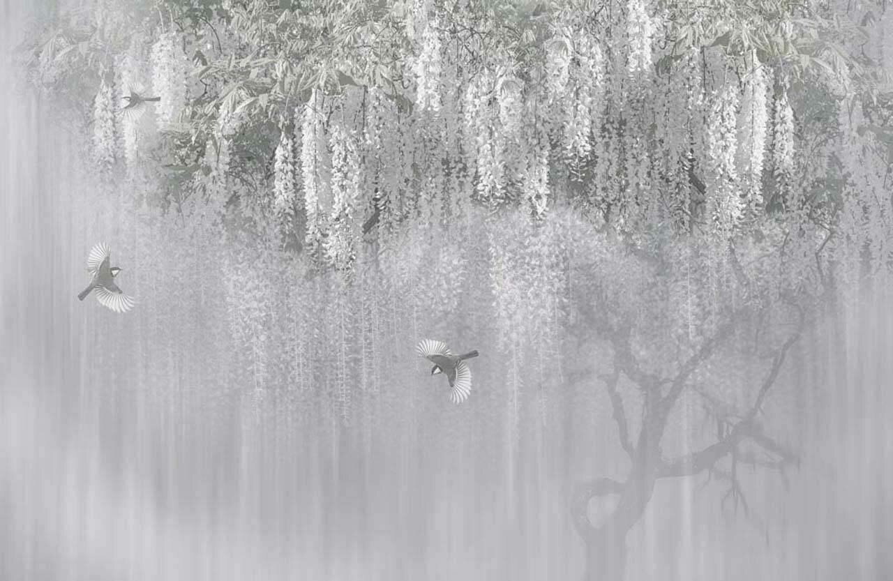 Фотообои Серое цветущее дерево 7-908-S-Холст 270 x 200 см (ВхШ) Бесшовные, флизелиновые, влагостойкие обои MasterFresok