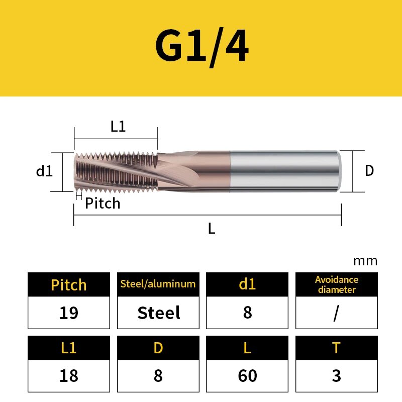 Торцевая фреза G1/4, Pitch 19, L1 18мм, D 8мм, L 60мм