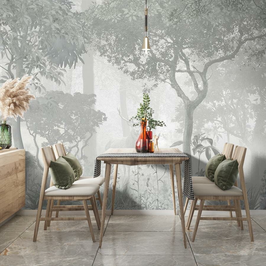 Фотообои Серый туман в лесу 9-1399-S-Холст 270 x 200 см (ВхШ) Бесшовные, флизелиновые, влагостойкие обои