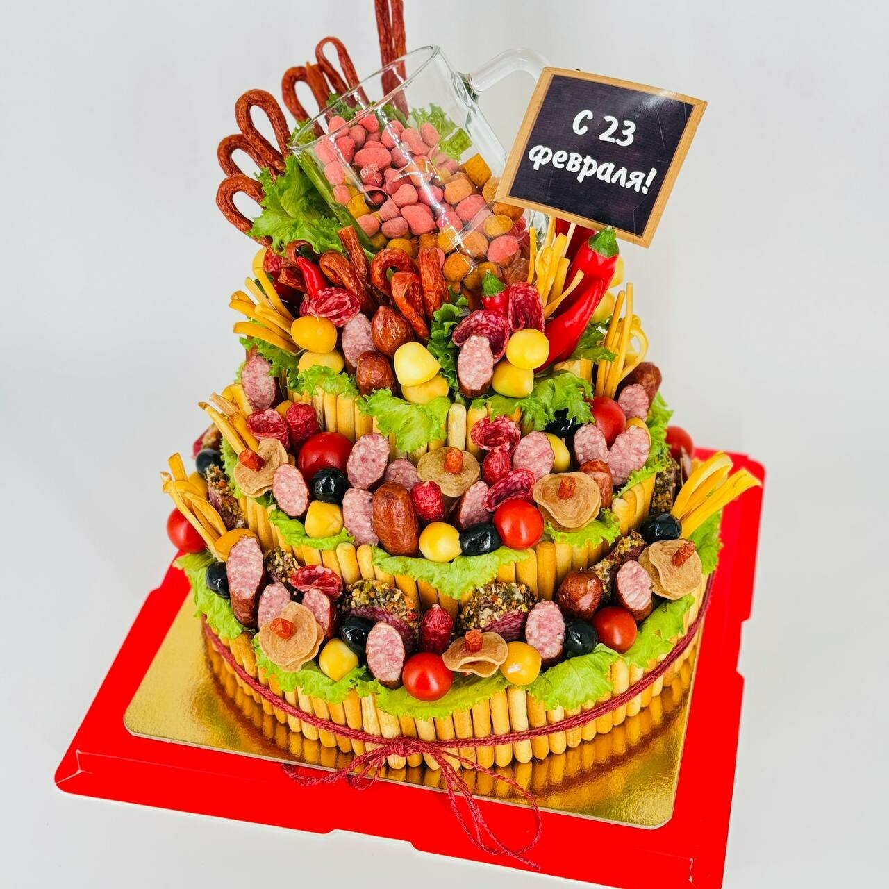 Подарок на 23 февраля, огромный колбасный закусочный торт, подарок для мужчины