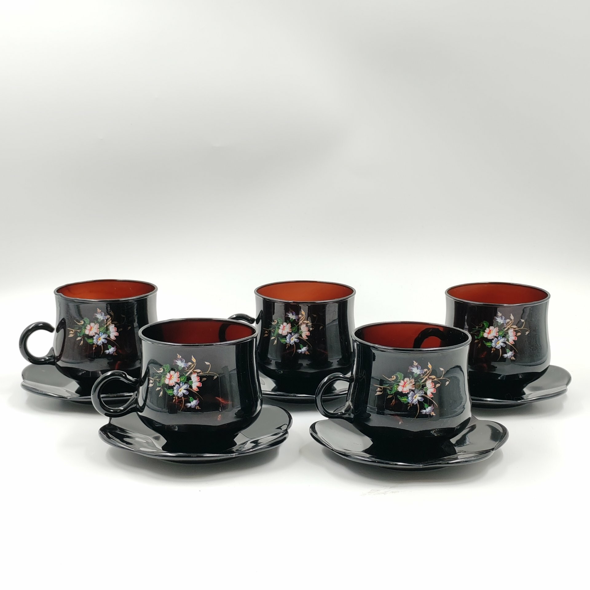 Набор из 5-ти чайных пар с цветочным декором, цветное стекло, деколь, золочение