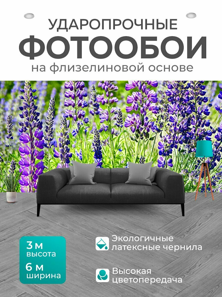 Фотообои моющиеся ударопрочные на кухню "В стиле прованс с люпинками и лавандами, привносящими уют во французский сельский стиль" 600x300 см. флизелиновые на стену