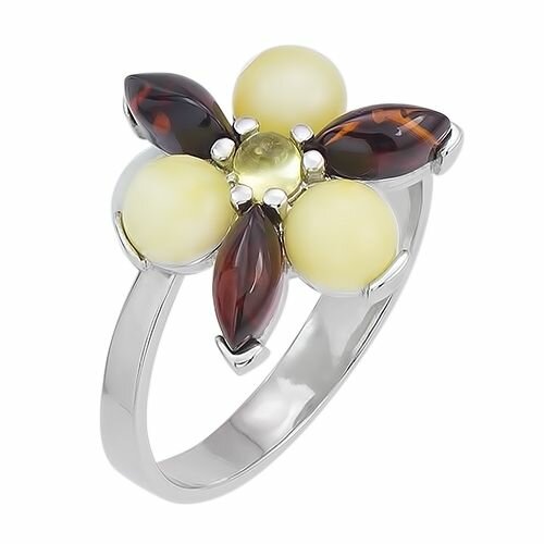 Кольцо, серебро, 925 проба, родирование, янтарь