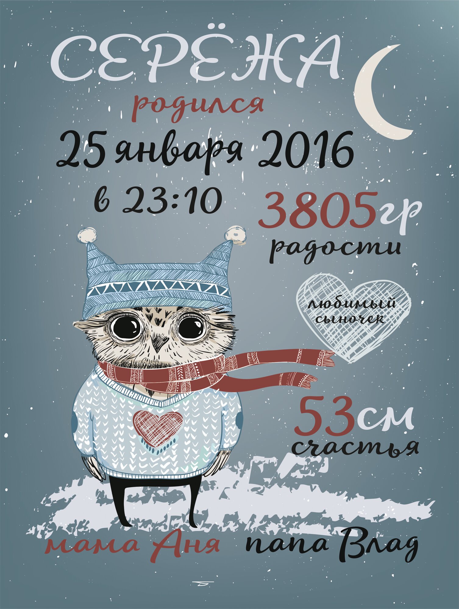 Метрика "Серёжа" от RiverART холст на деревянном подрамнике 40х30см.