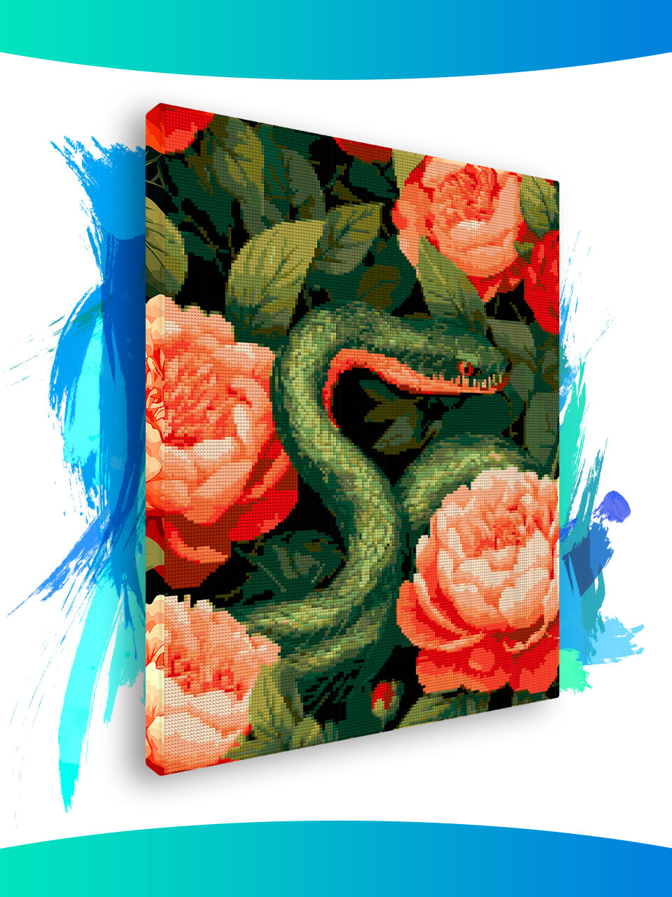 Алмазная мозаика на подрамнике - вышивка Зеленая змея в пионах 40 х 50 см