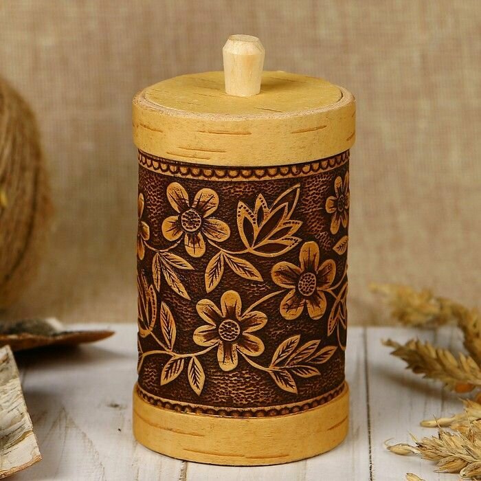 Туес Sima-land "Цветы", высокий, 6х6х12 см, береста