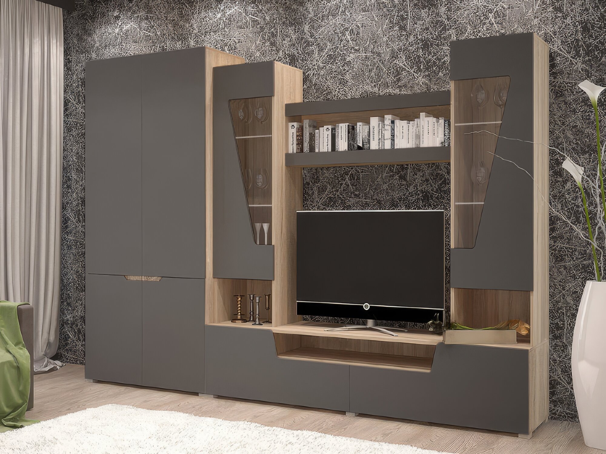 Стенка в гостиную "Анталия 2", 2х-створчатый шкаф, ЛДСП, МДФ, 2700*2030*466, сонома/графит софт, Горизонт