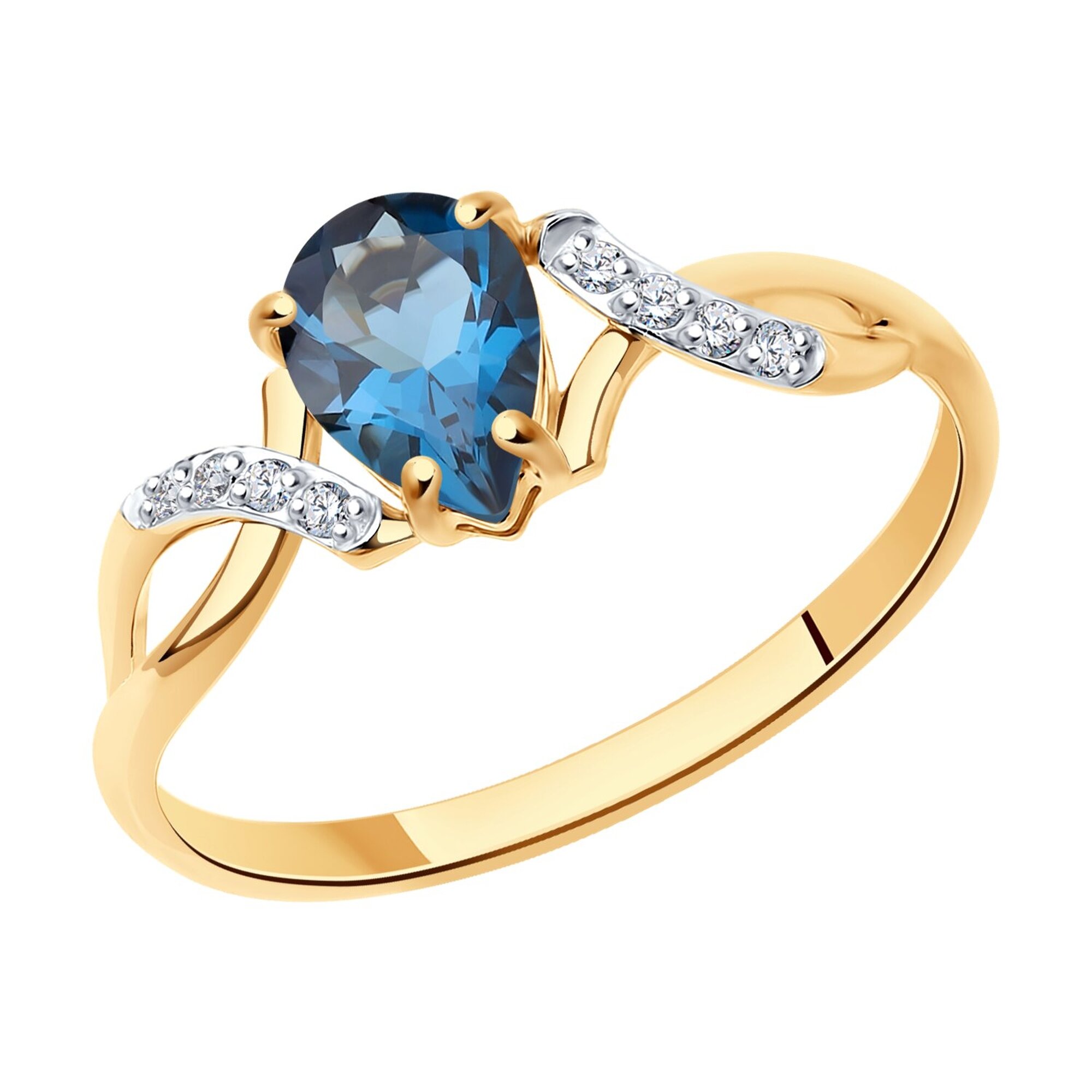 Кольцо, красное золото, 585 проба, фианит, Лондон топаз