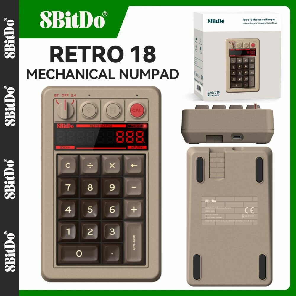 8BitDo Retro 18 Механический Numpad, Поддержка режима калькулятора, Bluetooth/2.4G/Проводной Numpad для Windows и Android
