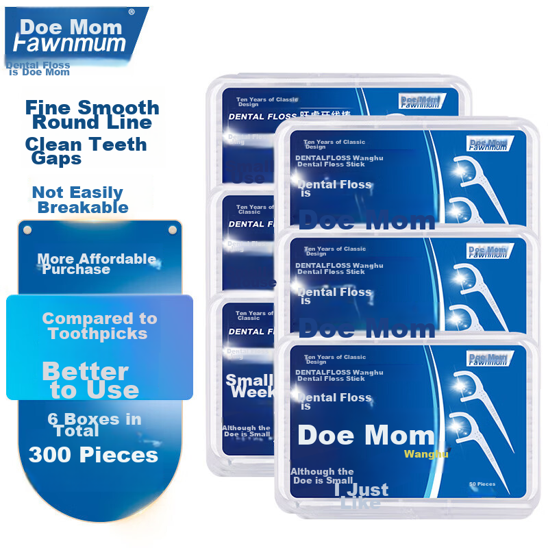 Xiaolumama, Round Dental Floss Picks, 50 Pieces X 6 Boxes, 300 Pieces, Interdental Cleaners, Family Pack, Recommended by Dentists