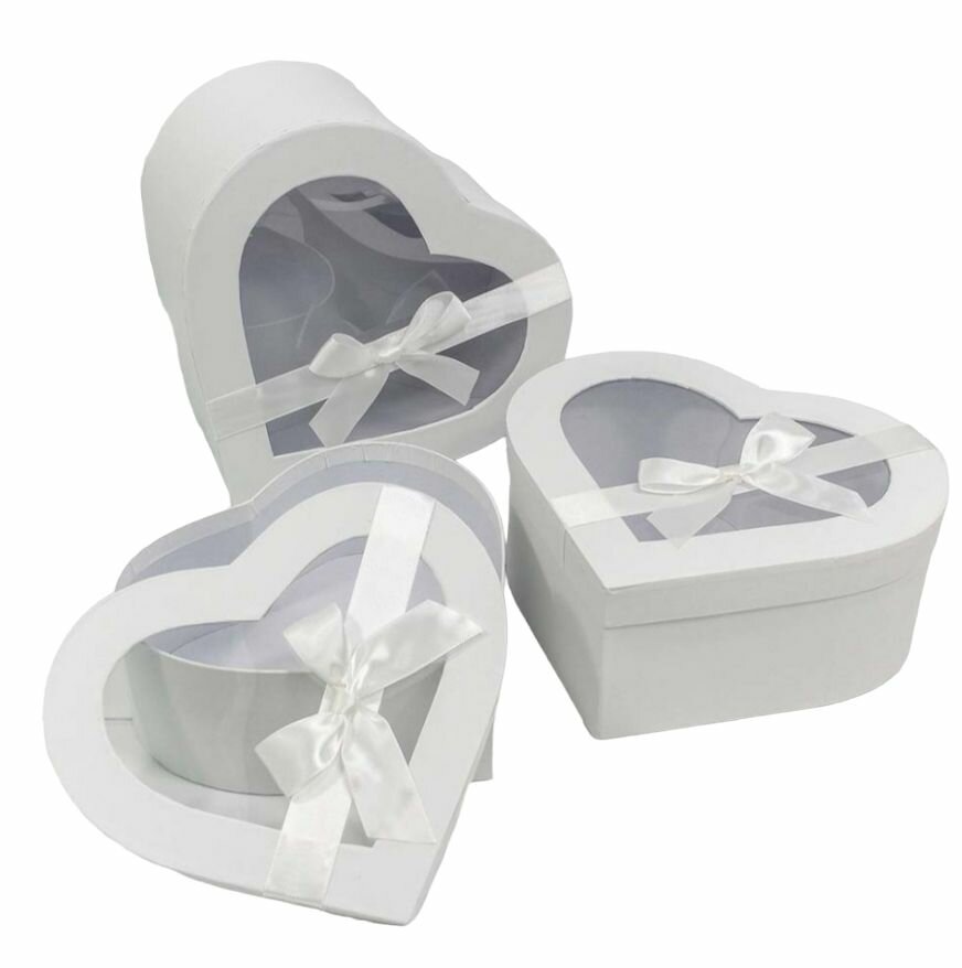 Подарочная коробка Сердце с окошком, набор 3шт. Белая