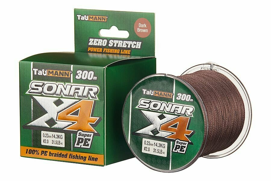 TauMANN Леска плетёная Sonar PE X4 300m #2.0 (0.23mm) Dark Brown
